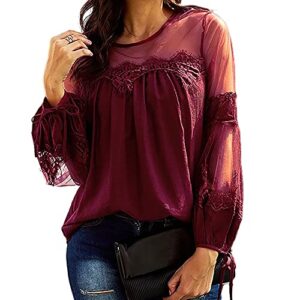 mayntop womens tops shirt jacquard bishop sleeve see-through broderie anglaise solid color plain transparent long sleeve loose blouse(a wine red,3xl)