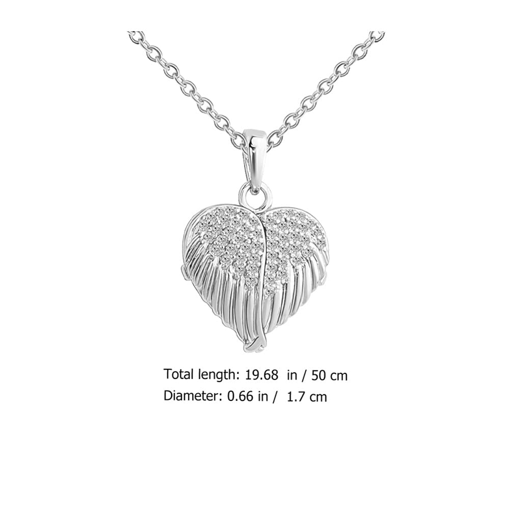 Locket Necklace Heart Shaped Angel Wing Photo Locket Necklace Memory Pendant with Personalized Picture Creative Neck Chain for Women Men, Silver