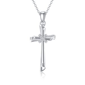 sisgem 10k real gold cross necklace for women teen girls, white gold cubic zirconia cross pendant necklace cross jewerly gifts for birthday christmas 16+1+1 inch (10k-white)