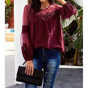 Mayntop Womens Tops Shirt Jacquard Bishop Sleeve See-Through Broderie Anglaise Solid Color Plain Transparent Long Sleeve Loose Blouse(A Wine Red,3XL)