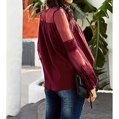 Mayntop Womens Tops Shirt Jacquard Bishop Sleeve See-Through Broderie Anglaise Solid Color Plain Transparent Long Sleeve Loose Blouse(A Wine Red,3XL)