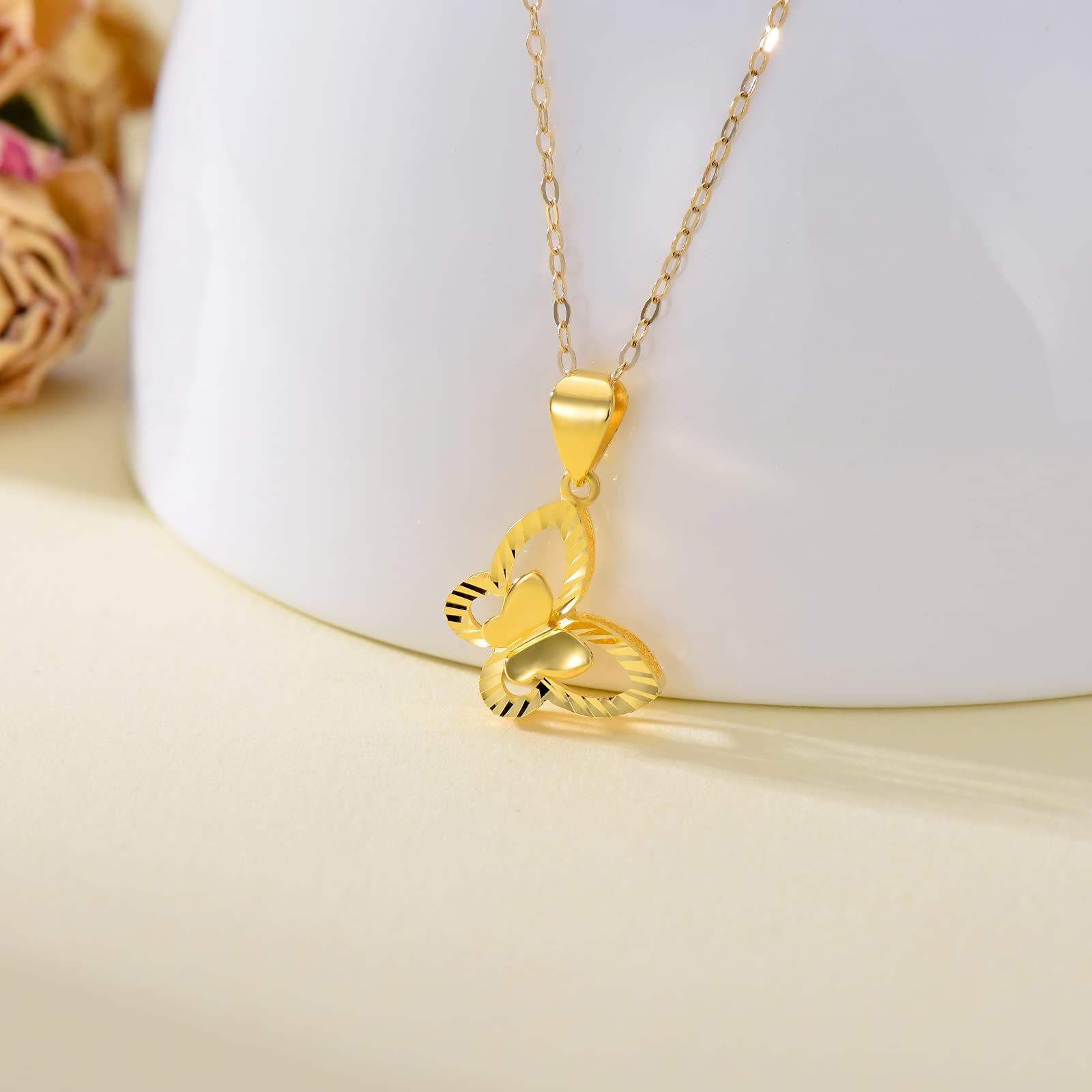 18K Yellow Gold Butterfly Necklace for Women, Real Gold Chain Shiny Pendant Anniversary Birthday Jewelry Gift for Her, Wife, Mom, 16"-18"