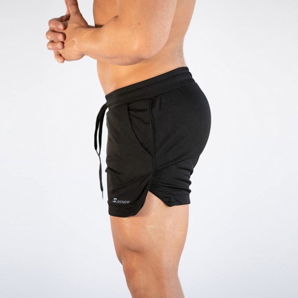 Surenow Mens Running Gym Shorts 3 Inch Breathable Lightweight Athletic Sport Shorts Training Workout Shorts with Pockets Black