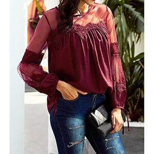 Mayntop Womens Tops Shirt Jacquard Bishop Sleeve See-Through Broderie Anglaise Solid Color Plain Transparent Long Sleeve Loose Blouse(A Wine Red,3XL)