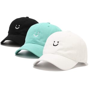 umeepar 3 pack smile face cotton baseball cap adjustable low profile unstructured dad hat for women men (black white, aqua)