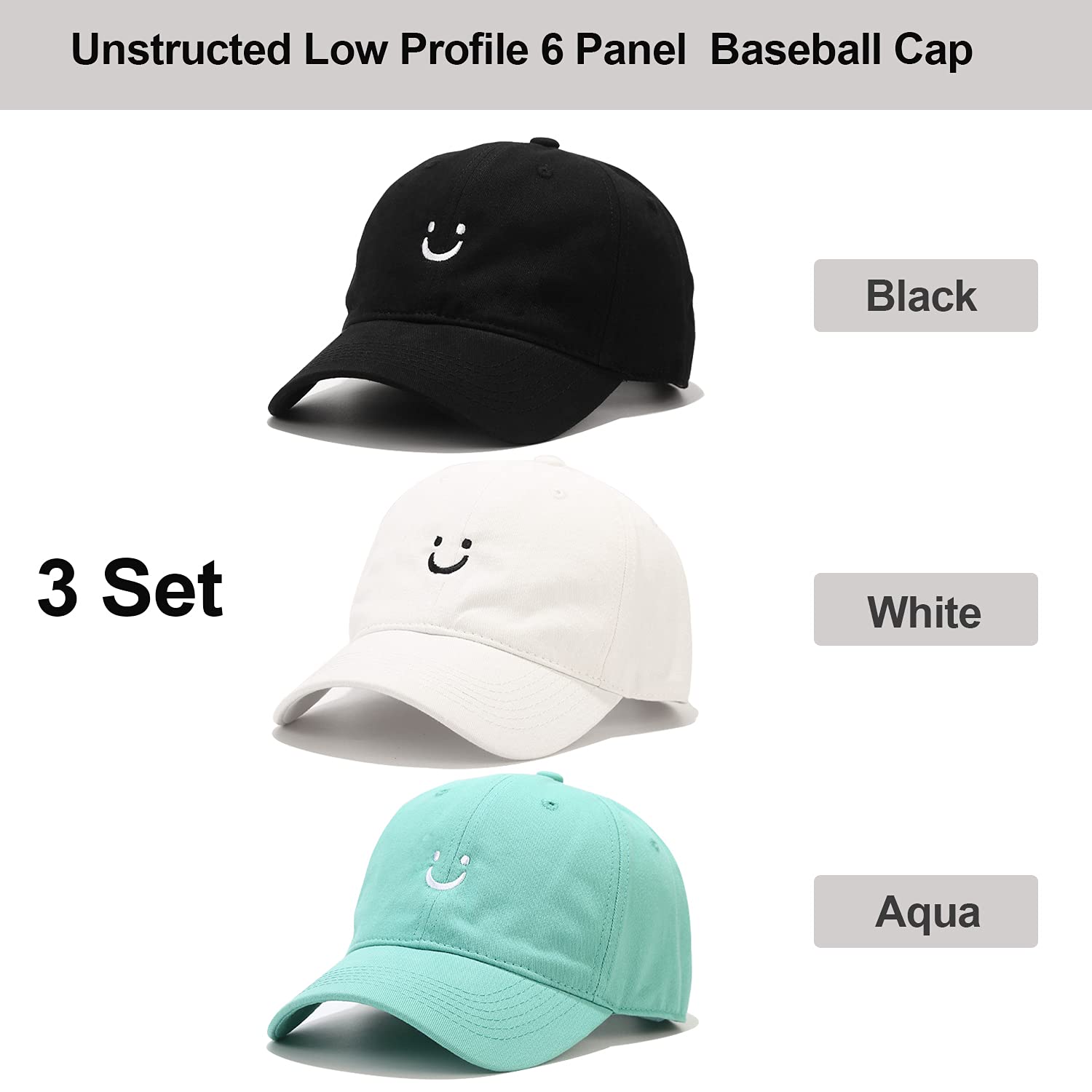 Umeepar 3 Pack Smile Face Cotton Baseball Cap Adjustable Low Profile Unstructured Dad Hat for Women Men (Black White, Aqua)