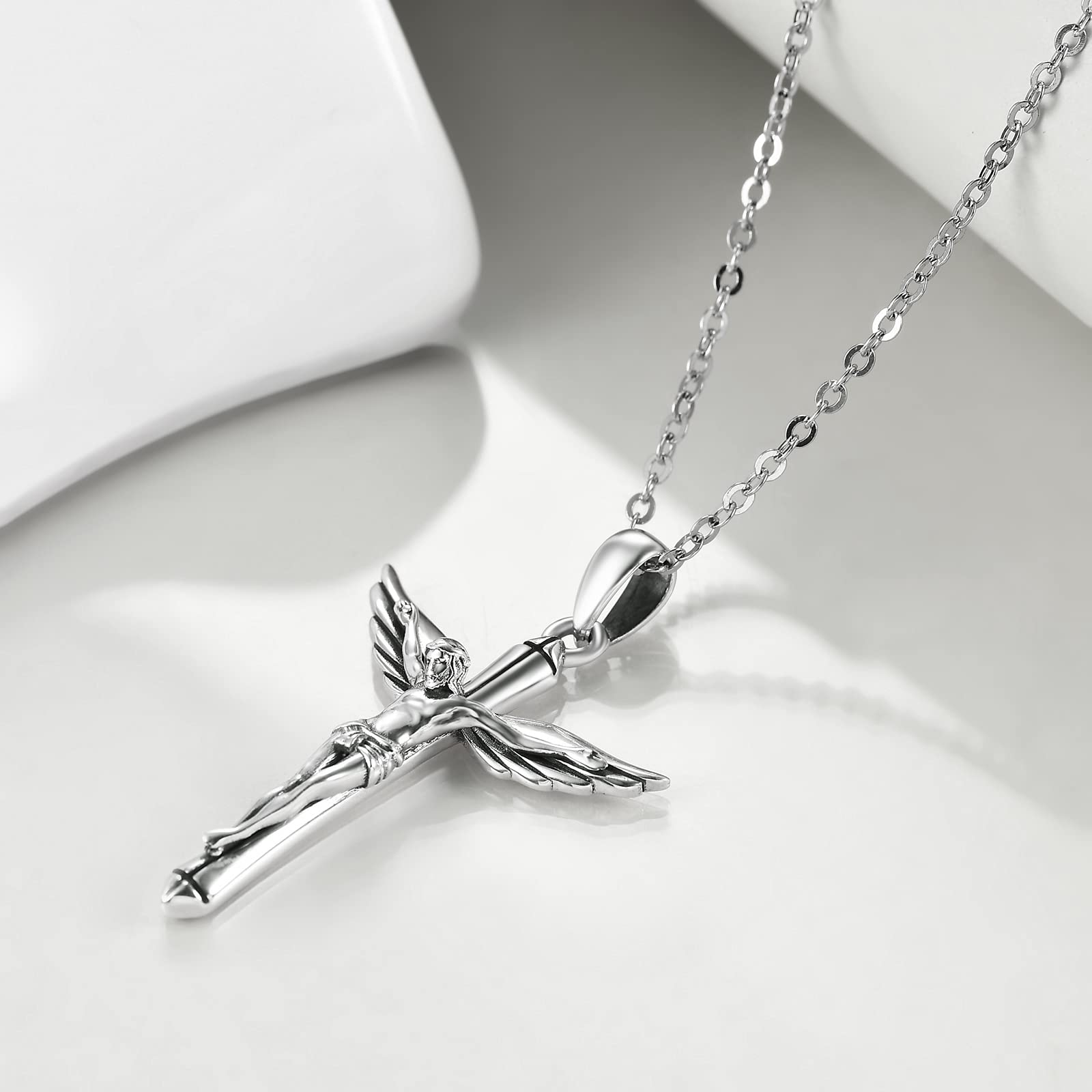 HUKKUN Crucifix Cross Necklace for Women Sterling Silver Crucifix Jesus Wings Pendant Jewelry Christian Gifts for Mom