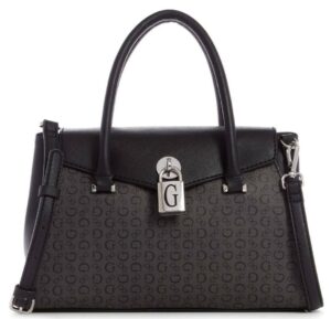 guess women's godfrey black logo print lock charm medium satchel shoulder crossbody bag handbag