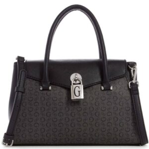 GUESS Women's Godfrey Black Logo Print Lock Charm Medium Satchel Shoulder Crossbody Bag Handbag