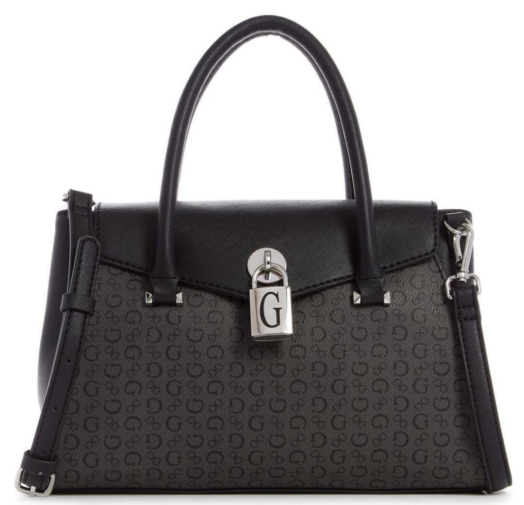 GUESS Women's Godfrey Black Logo Print Lock Charm Medium Satchel Shoulder Crossbody Bag Handbag