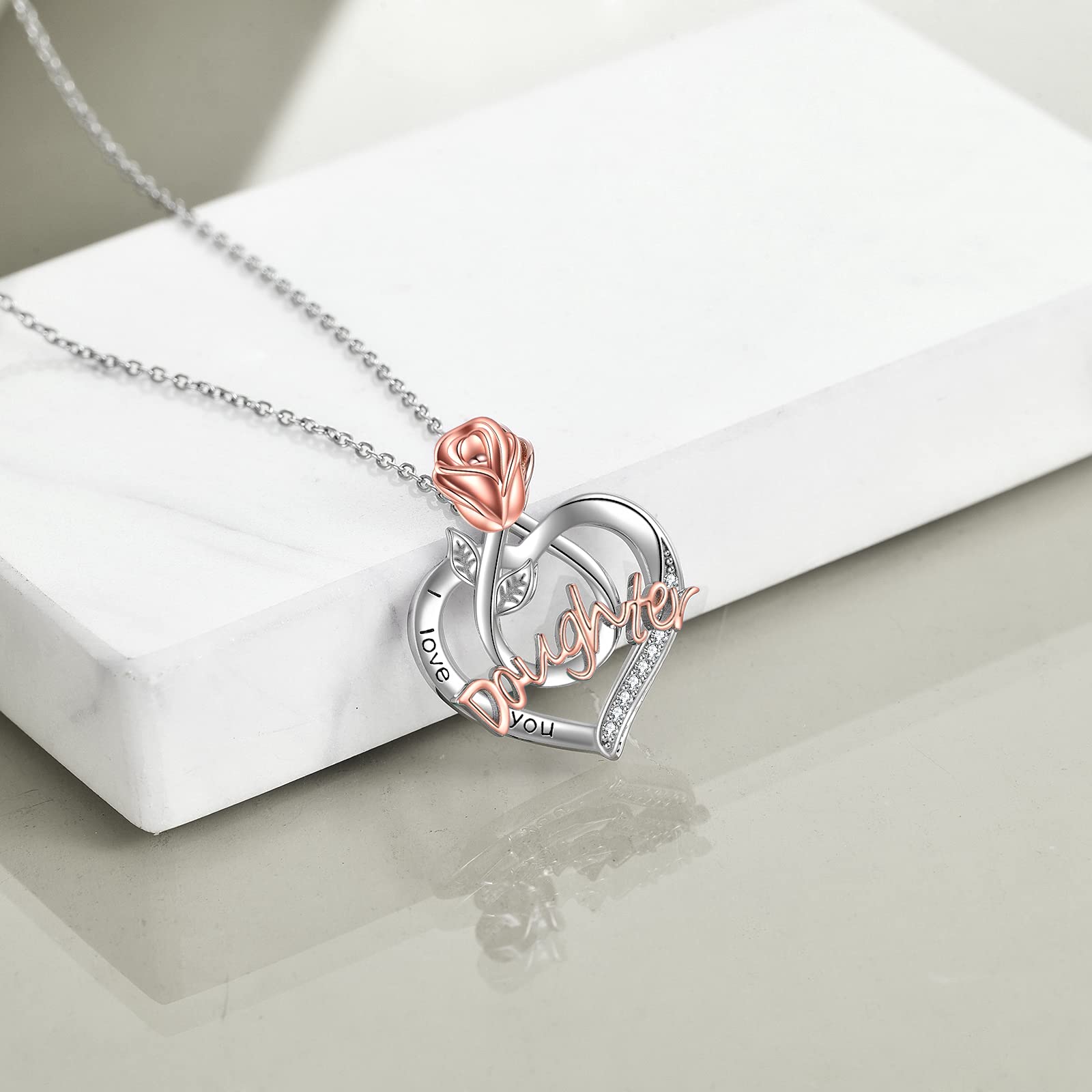 POPKIMI Gifts for Daughter Sterling Silver Daughter Necklace with Rose Flower