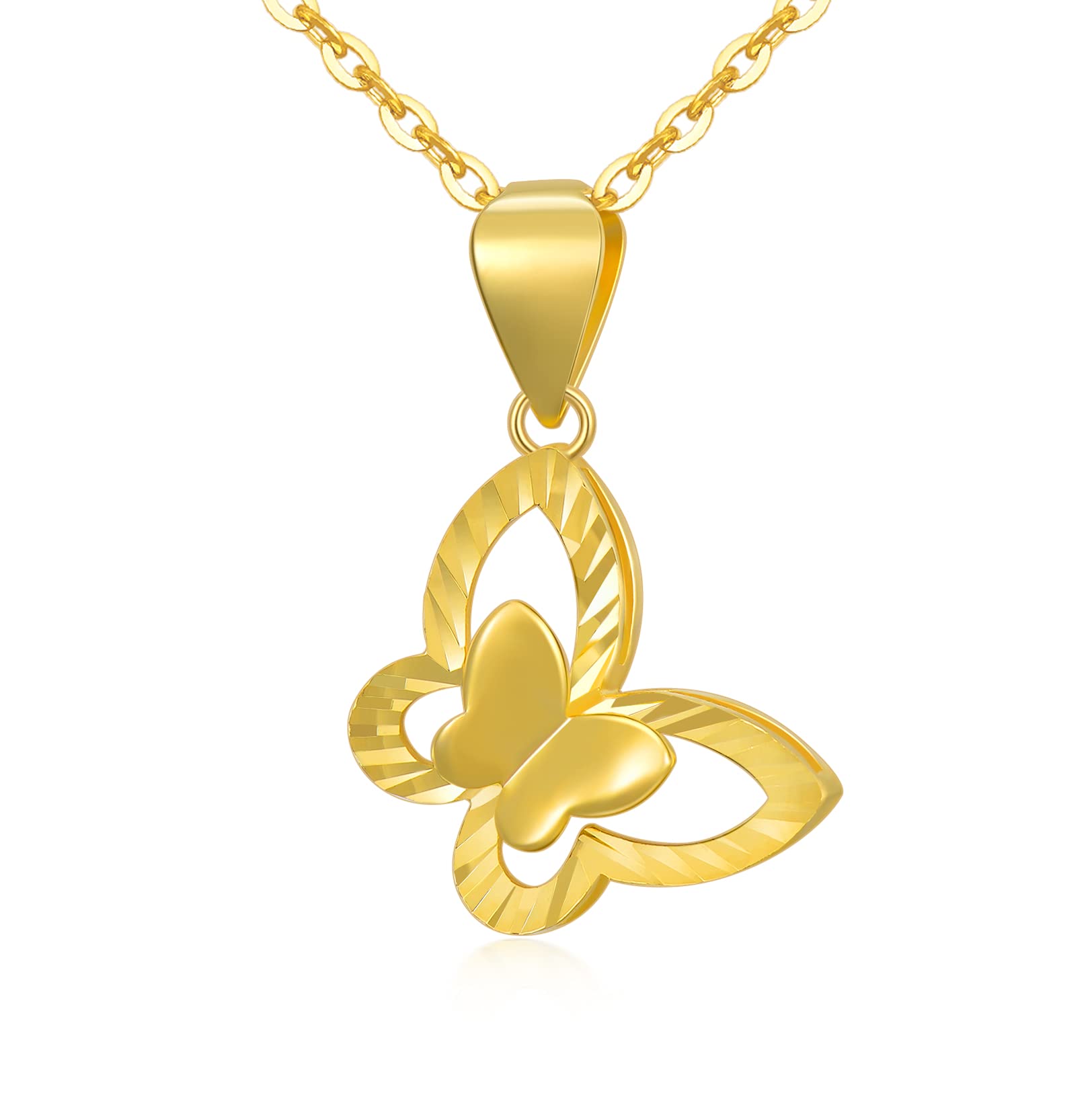 18K Yellow Gold Butterfly Necklace for Women, Real Gold Chain Shiny Pendant Anniversary Birthday Jewelry Gift for Her, Wife, Mom, 16"-18"