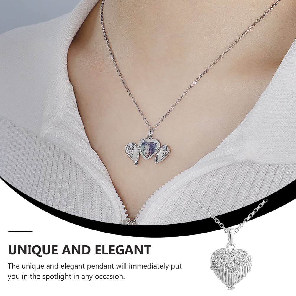 Locket Necklace Heart Shaped Angel Wing Photo Locket Necklace Memory Pendant with Personalized Picture Creative Neck Chain for Women Men, Silver