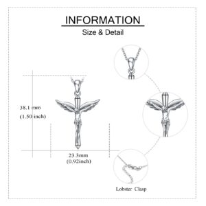 HUKKUN Crucifix Cross Necklace for Women Sterling Silver Crucifix Jesus Wings Pendant Jewelry Christian Gifts for Mom