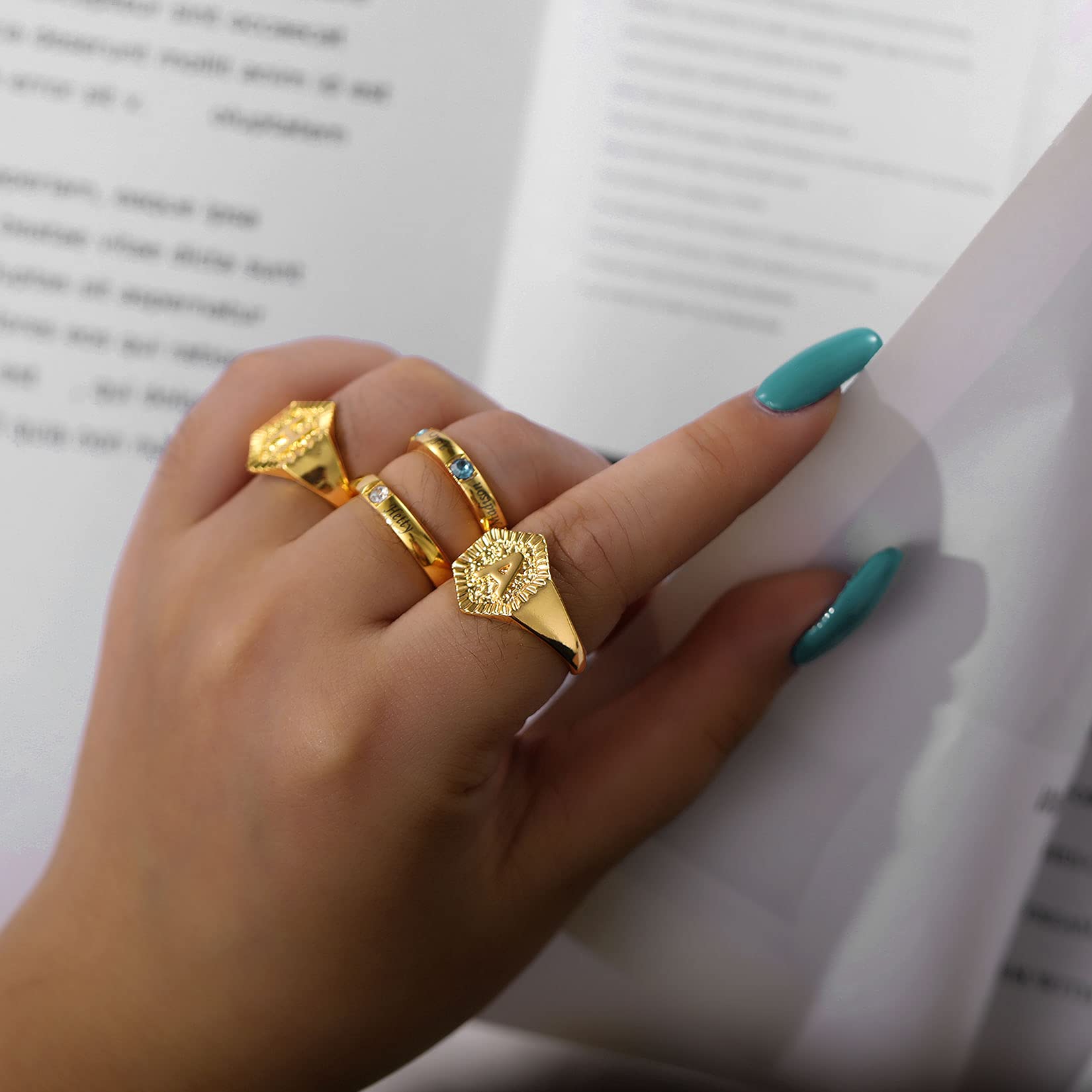 U7 Letter Ring for Women Gold Plated Open Wrap Style Knuckle Party Jewelry Hexagon Initial Signet Rings P