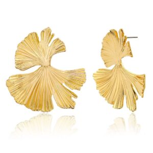 lokliffai ginkgo leaf flower earrings, gold geometric statement earring, fashion design big irregular shape boho bohemian drop dangle earrings