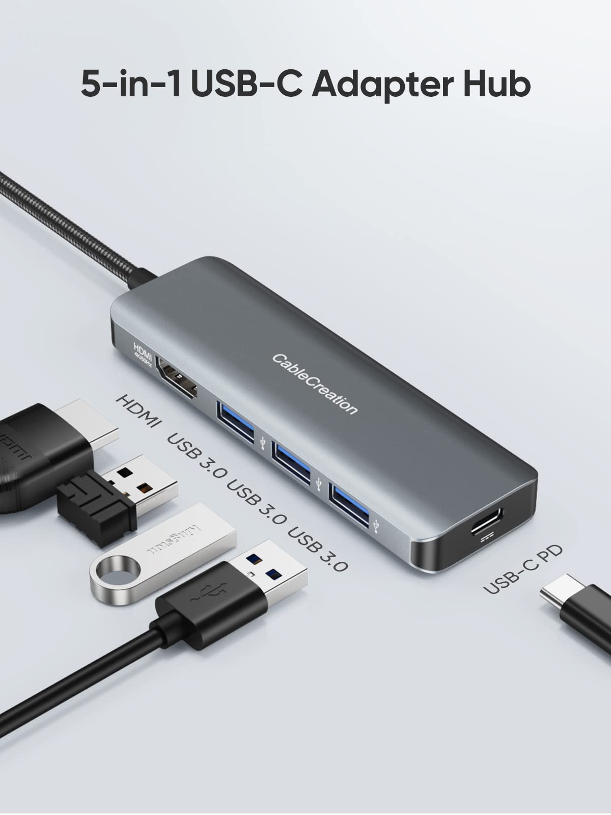 CableCreation USB-C Hub 4K 60Hz, 5-in-1 USB C Multiport Adapter with HDMI and 3 USB 3.0 Ports, 100W Power Delivery, Compatible with MacBook Pro, MacBook Air, Mac Mini, iPad Pro, Surface Pro, XPS