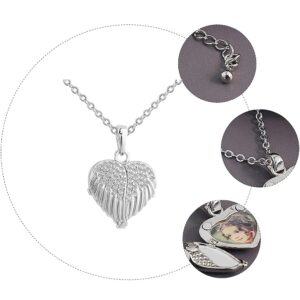 Locket Necklace Heart Shaped Angel Wing Photo Locket Necklace Memory Pendant with Personalized Picture Creative Neck Chain for Women Men, Silver