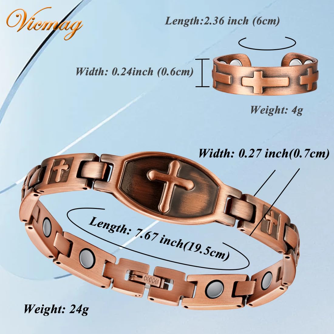 Vicmag Copper Magnetic Bracelet for Women 99.9% Solid Pure Copper Strong Magnets Jewelry Gift Adjustable Length