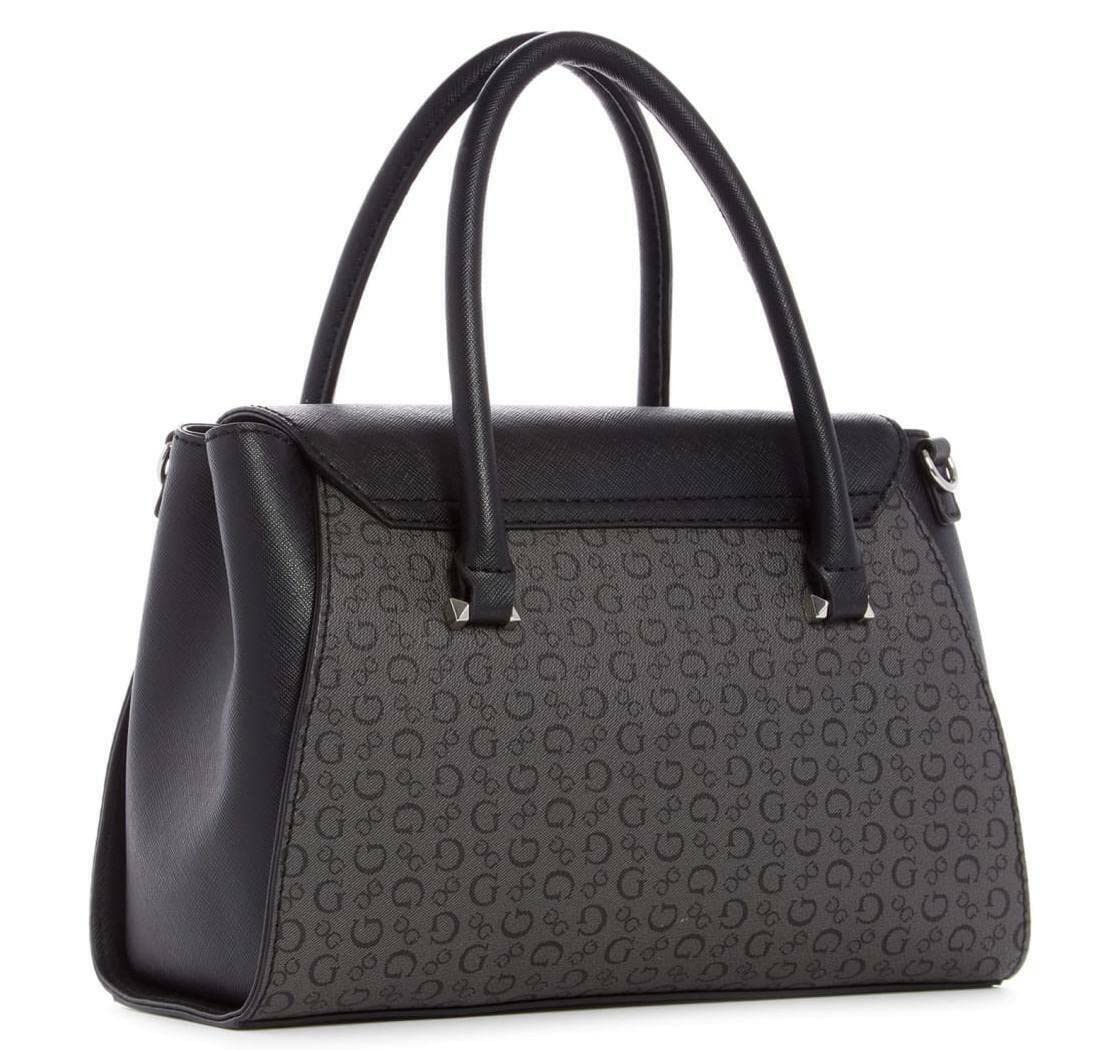 GUESS Women's Godfrey Black Logo Print Lock Charm Medium Satchel Shoulder Crossbody Bag Handbag