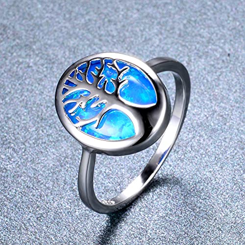 XINSHUN Tree of Life Ring, 925 Sterling Silver Opal Ring, Opal Ring for Women(blue 6)