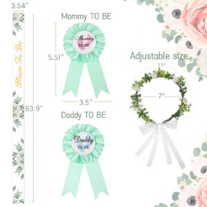 4 Pieces Flowers Leaves Mom to Be Sash Neutral Sage Green Crown Kit Include Gold Glitter Letters Sash, Mom to Be & Dad to Be Corsage and Headband Keepsake Decoration (Leaf Style)