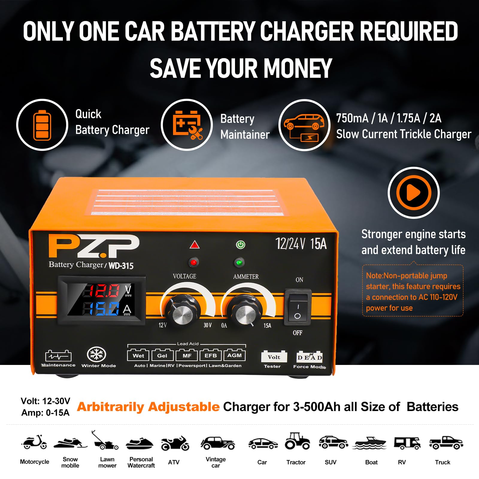 PZ.P 12V 24V Manual Battery Charger Maintainer, 0 to 15A Arbitrarily Adjustable Car Battery Trickle Charger, Battery Desulfator with Repair, Winter Mode, Suitable for AGM Gel Deep Cycle Truck RV ATV