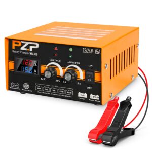 pz.p 12v 24v manual battery charger maintainer, 0 to 15a arbitrarily adjustable car battery trickle charger, battery desulfator with repair, winter mode, suitable for agm gel deep cycle truck rv atv