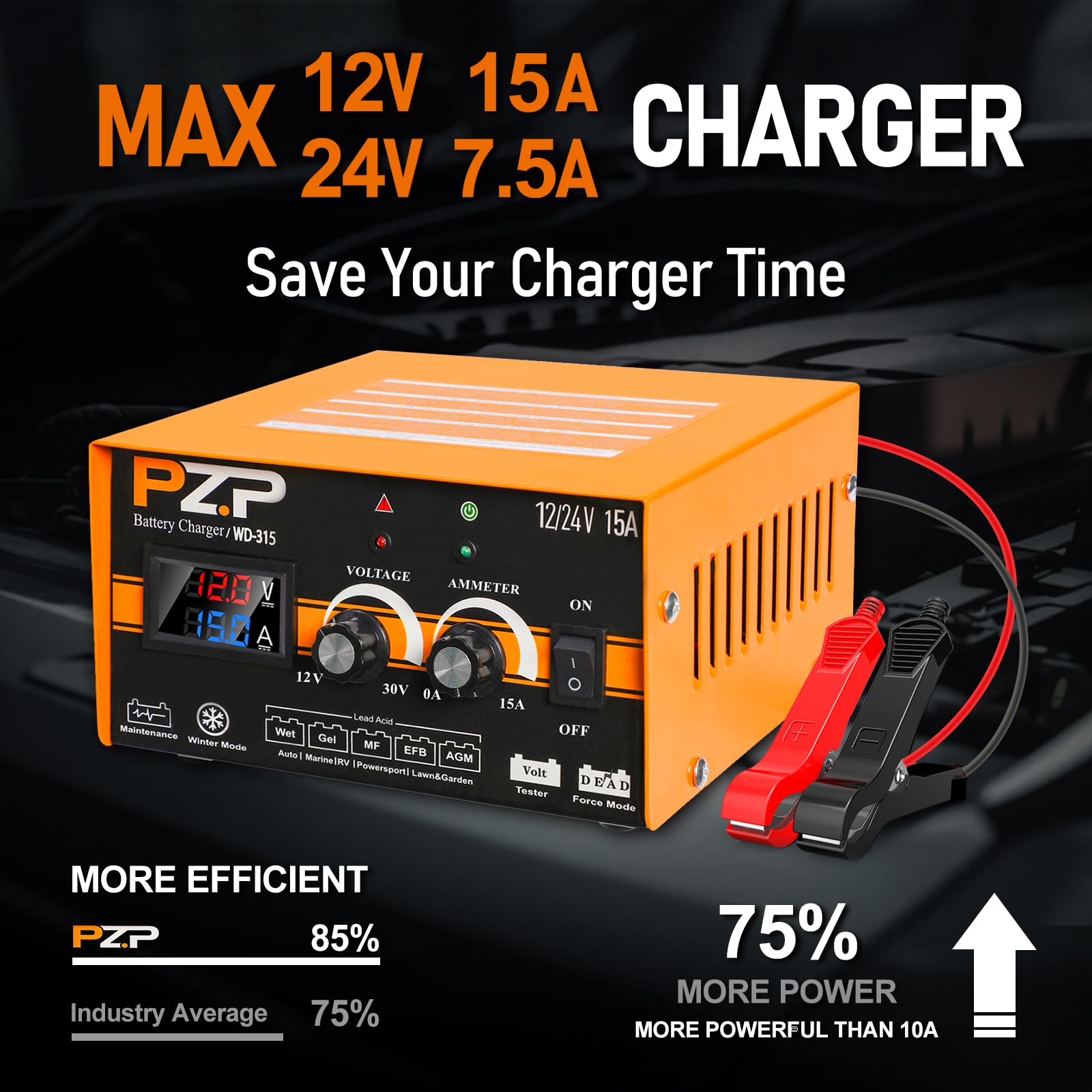 PZ.P 12V 24V Manual Battery Charger Maintainer, 0 to 15A Arbitrarily Adjustable Car Battery Trickle Charger, Battery Desulfator with Repair, Winter Mode, Suitable for AGM Gel Deep Cycle Truck RV ATV