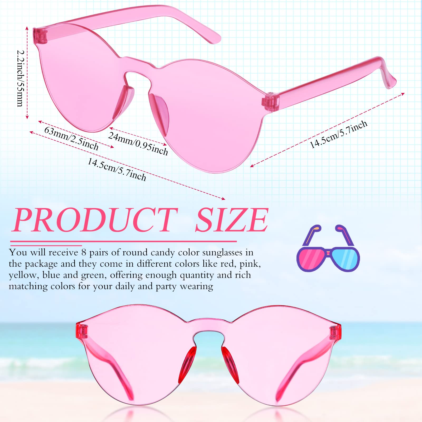 8 Pairs Rimless Sunglasses Colored Glasses Round Frameless Sunglasses Transparent Tinted Glasses Candy Color Sunglasses for Women Girls