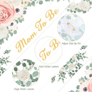 4 Pieces Flowers Leaves Mom to Be Sash Neutral Sage Green Crown Kit Include Gold Glitter Letters Sash, Mom to Be & Dad to Be Corsage and Headband Keepsake Decoration (Leaf Style)