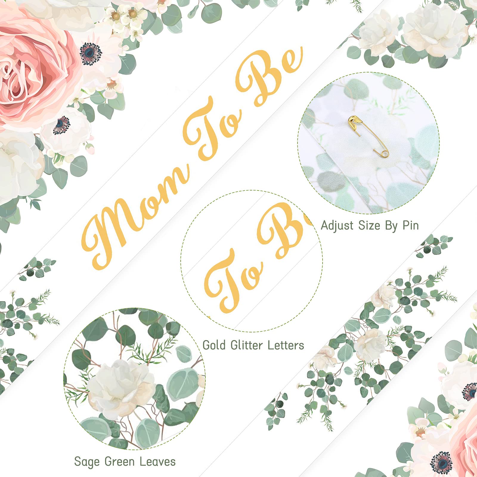 4 Pieces Flowers Leaves Mom to Be Sash Neutral Sage Green Crown Kit Include Gold Glitter Letters Sash, Mom to Be & Dad to Be Corsage and Headband Keepsake Decoration (Leaf Style)