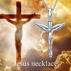 HUKKUN Crucifix Cross Necklace for Women Sterling Silver Crucifix Jesus Wings Pendant Jewelry Christian Gifts for Mom