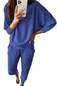 prettygarden women's 2024 fall fashion outfits 2 piece sweatsuit solid color long sleeve pullover long pants (blue,medium)