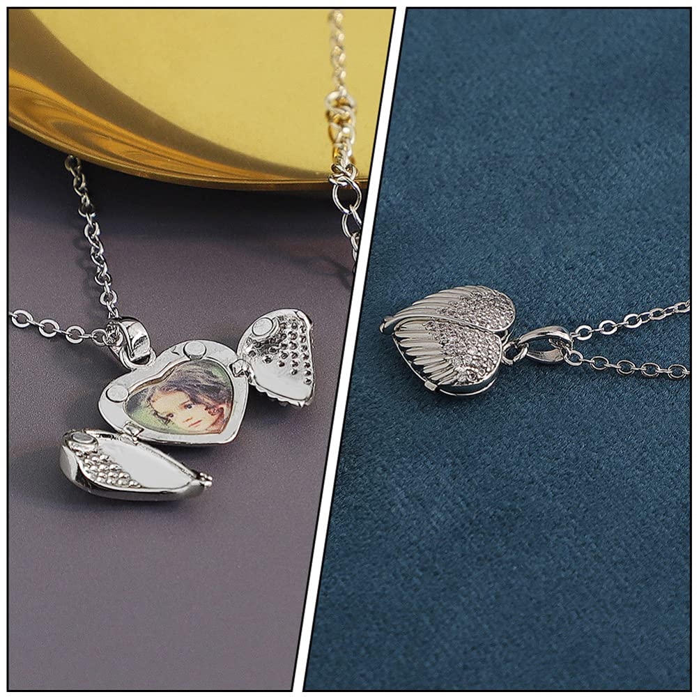 Locket Necklace Heart Shaped Angel Wing Photo Locket Necklace Memory Pendant with Personalized Picture Creative Neck Chain for Women Men, Silver