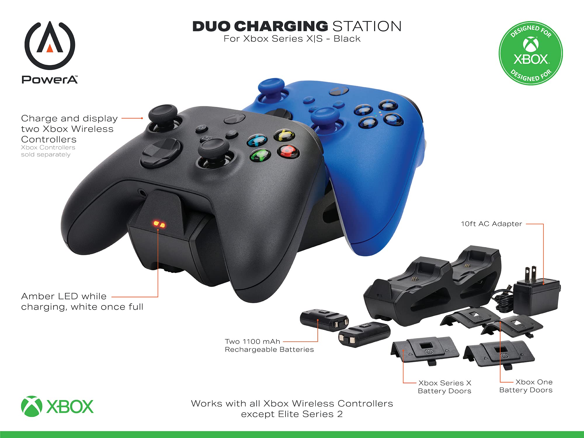 PowerA Duo Charging Station for Xbox Series X|S - Black, Wireless Controller Charging, Charge, Rechargeable Battery, Xbox Series X|S, Xbox One