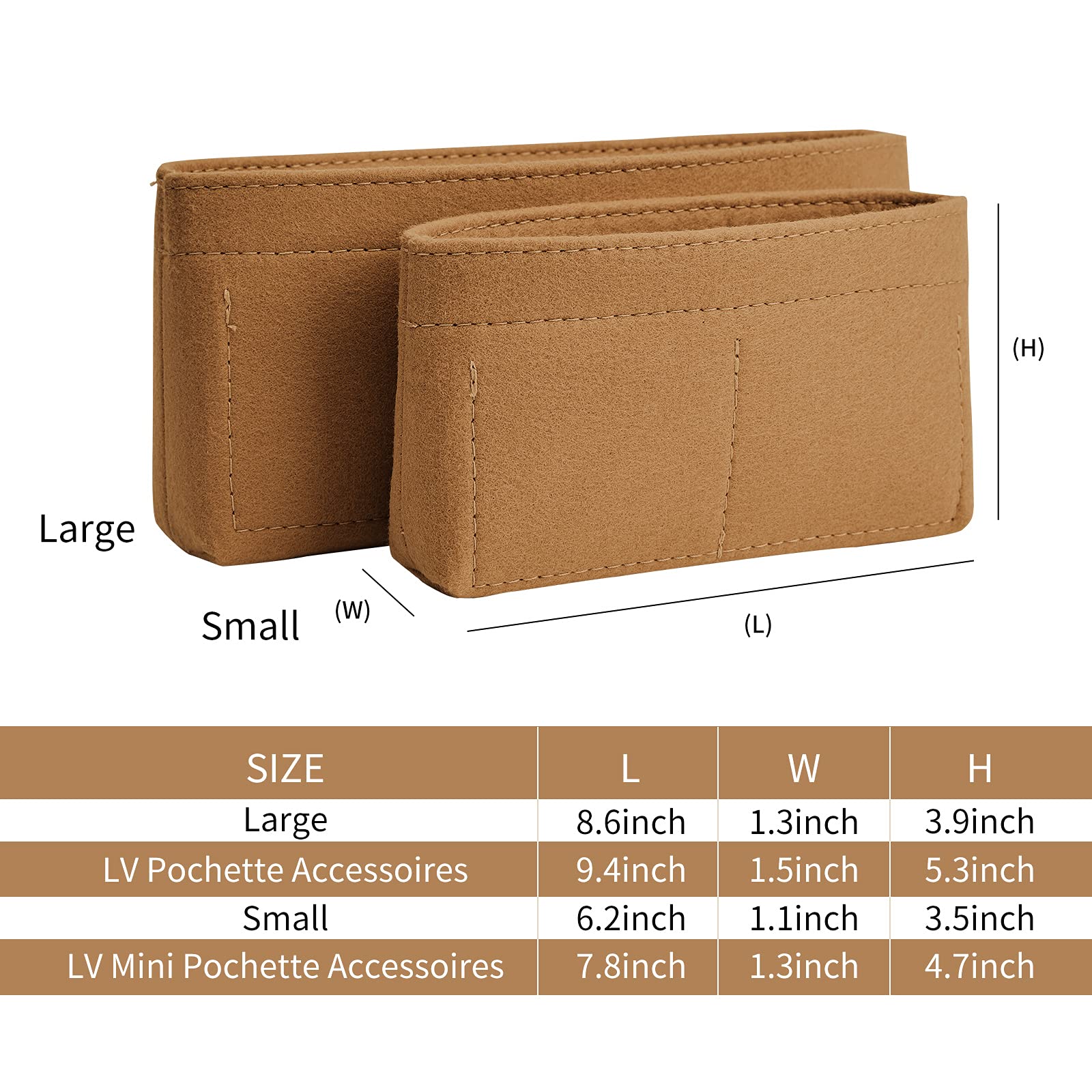 Vercord Felt Purse Organizer Insert Pochette Handbag Insert Bag in Bag for Multi Pochette Accessories Add Zipper Pocket Brown