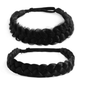 sthejfb braid headband 2 3 strands combinations messy wide chunky fluffy elastic stretch hairpiece braided headband women girl beauty accessory (black 1b)