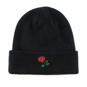 aung crown beanie rose embroidered knit hats caps for men women black (beanie) (beanie-fold)