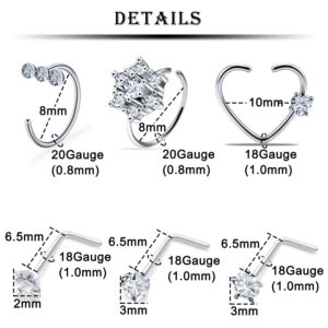 Kridzisw 18g Nose Ring Hoops Stud Piercing Jewelry for Women 316L Stainless Surgical Steel L Shaped Bend Silver Hypoallergenic Nose Nostril Ring Hoop Stud Bone Earrings Piercing Jewelry women Men 2mm