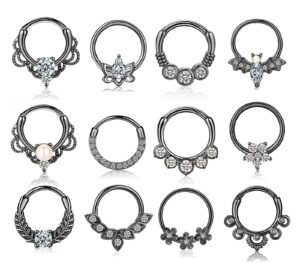 tosgmy 12 pcs septum jewelry daith earrings surgical steel septum clicker ring helix cartilage tragus piercing jewelry silver rose gold black nose rings hoops hinged hoop earrings 8mm 10mm