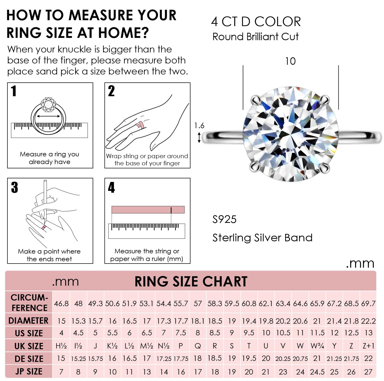 Michooyel Round Brilliant Cut 4ct Engagement Ring 10mm Cubic Zirconia CZ Women's Ring Sterling Silver Promise Ring Wedding Ring