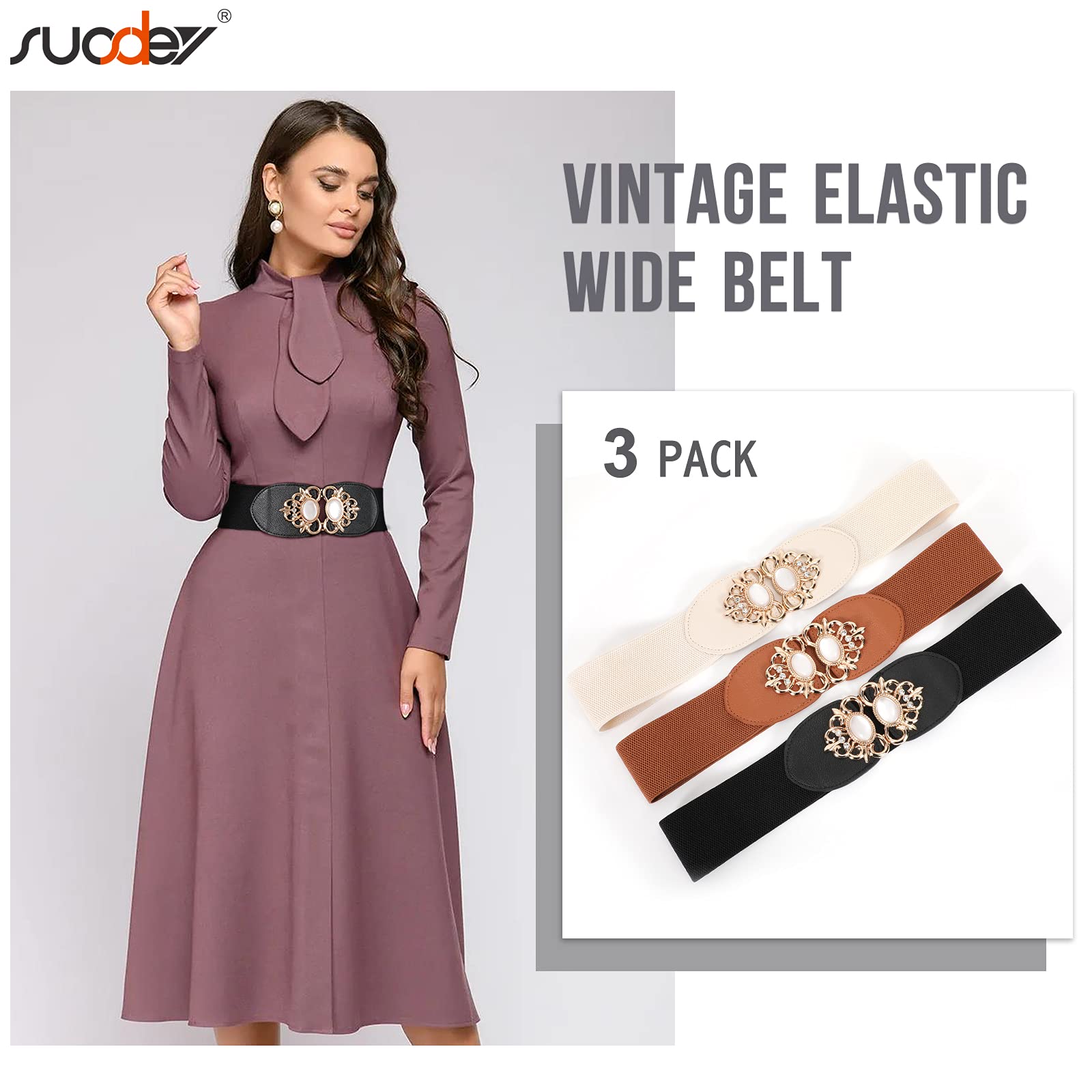 SUOSDEY 3 Pack Women Wide Elastic Stretchy Belt Vintage Cinch Belt Waistband for Dresses