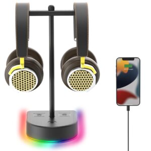 bgmutcx rgb dual headphone stand with usb charging port, desk gaming double headset holder，durable hanger rack-suitable for desktop table, game, dj, earphone, pc, ps4, ps5, xbox gamer accessories