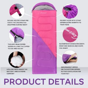 Clostnature Sleeping Bag for Adults and Kids - Lightweight Camping Sleeping Bag for Girls, Boys, Youths, Ultralight Backpacking Sleeping Bag for Cold Weather - Compression Sack Included(Right Zipper)