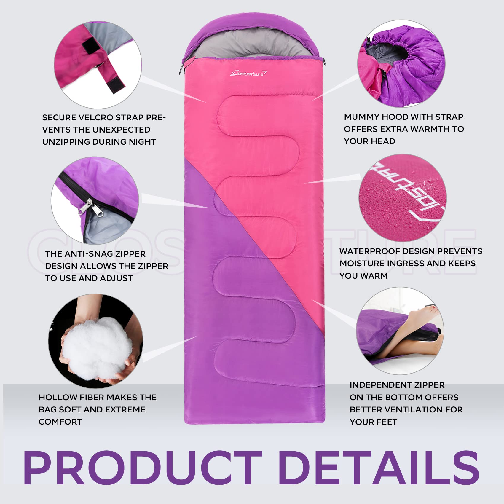 Clostnature Sleeping Bag for Adults and Kids - Lightweight Camping Sleeping Bag for Girls, Boys, Youths, Ultralight Backpacking Sleeping Bag for Cold Weather - Compression Sack Included(Right Zipper)