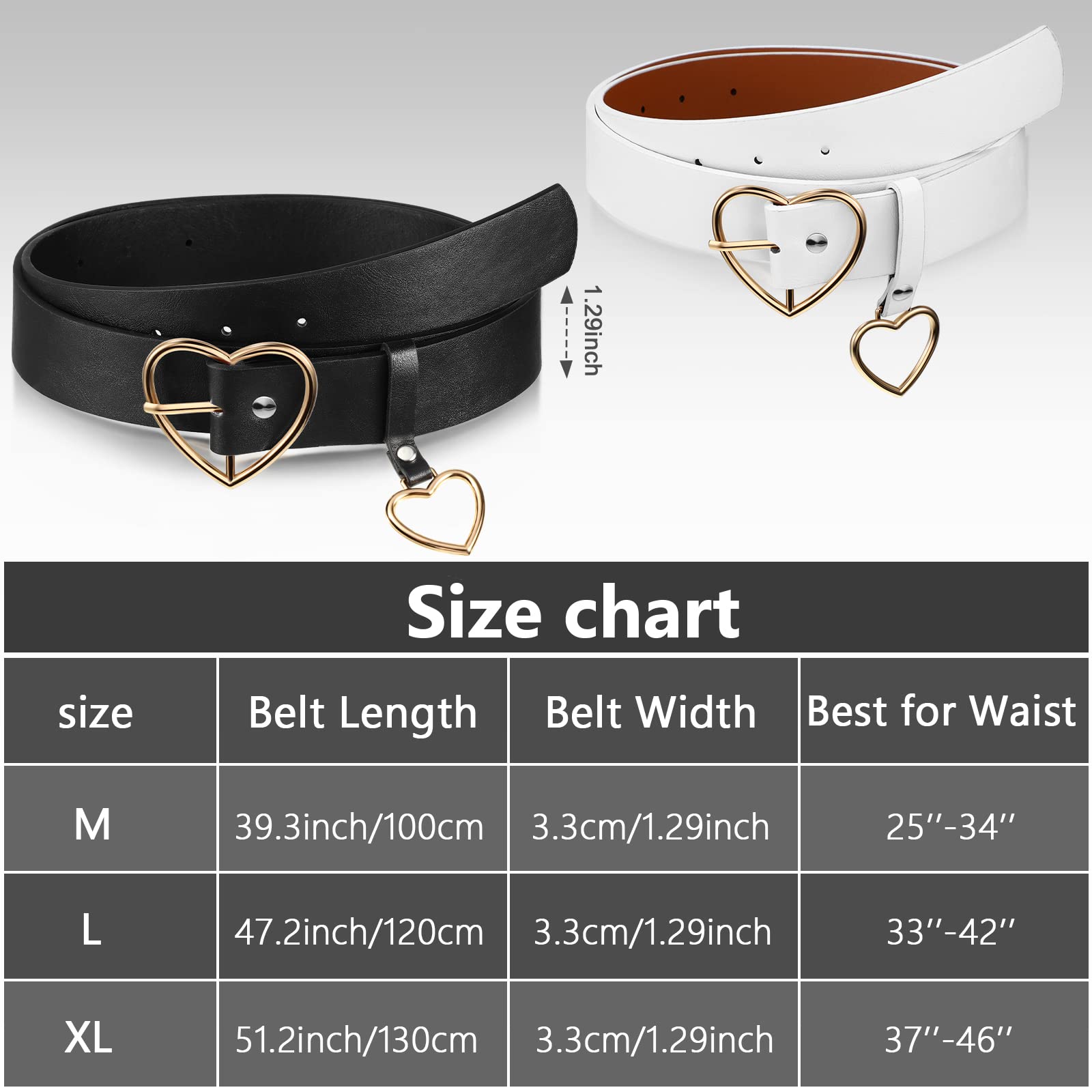 SATINIOR 2 Pieces Heart Shaped Belt Heart Buckle Belt White Black PU Leather Belts for Women Girls Dress Jeans (Medium)