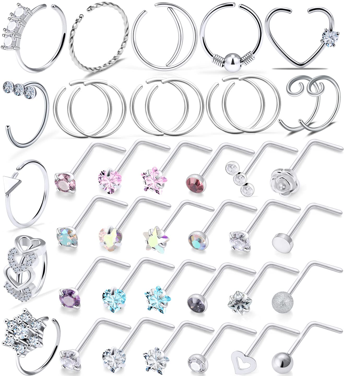 Kridzisw 18g Nose Ring Hoops Stud Piercing Jewelry for Women 316L Stainless Surgical Steel L Shaped Bend Silver Hypoallergenic Nose Nostril Ring Hoop Stud Bone Earrings Piercing Jewelry women Men 2mm