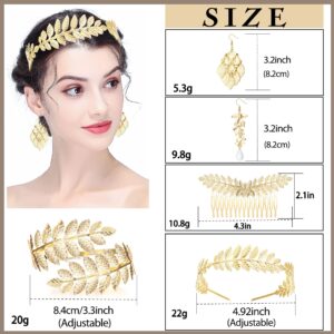 SAILIMUE 6Pcs Greek Goddess Costume Accessories Set Women Golden Laurel Leaves Crown Tiara Leaf Headband Armband Coil Bracelet Pearl Leaf Dangle Earring Bridal Hair Comb Wedding Headpiece Toga