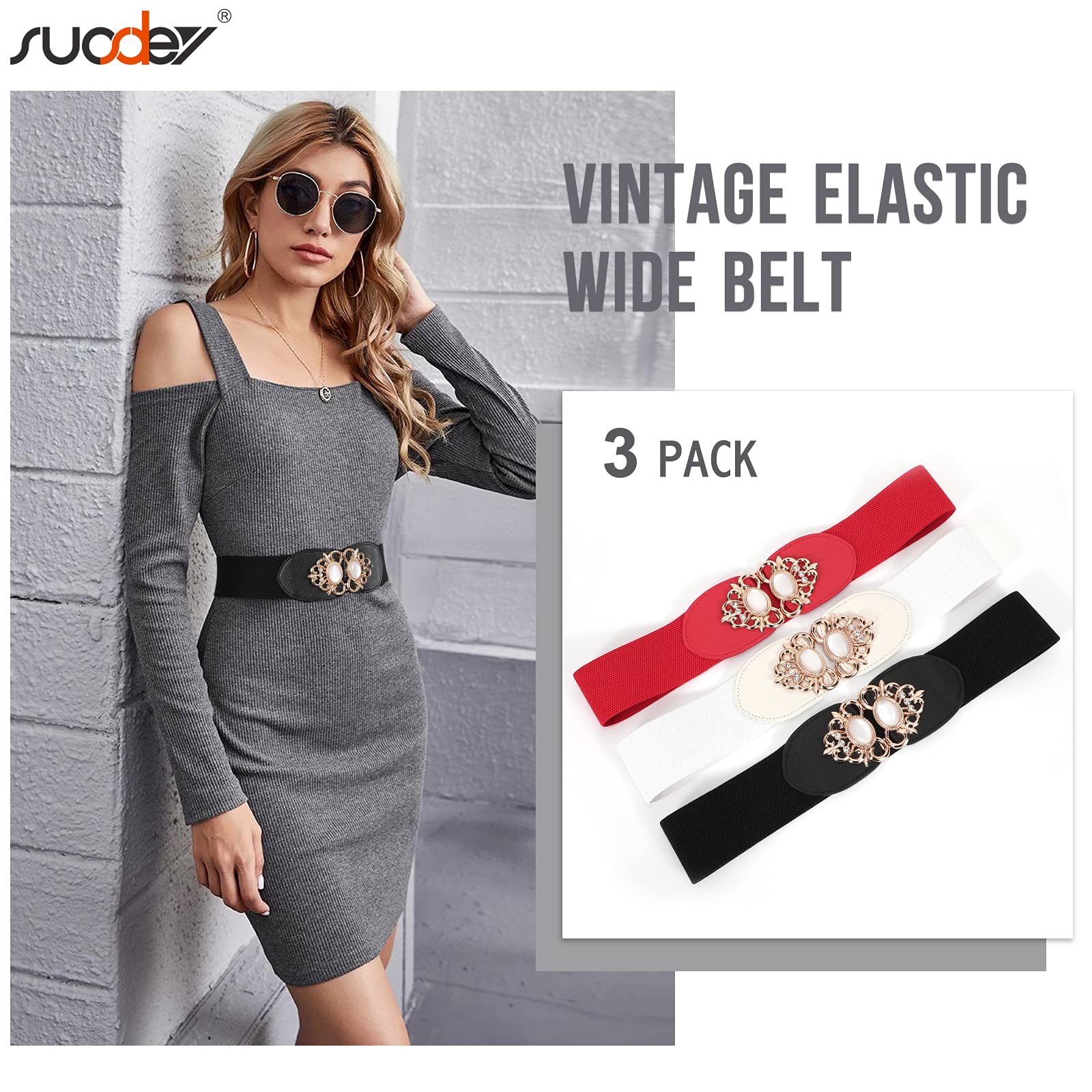 SUOSDEY 3 Pack Women Wide Elastic Stretchy Belt Vintage Cinch Belt Waistband for Dresses